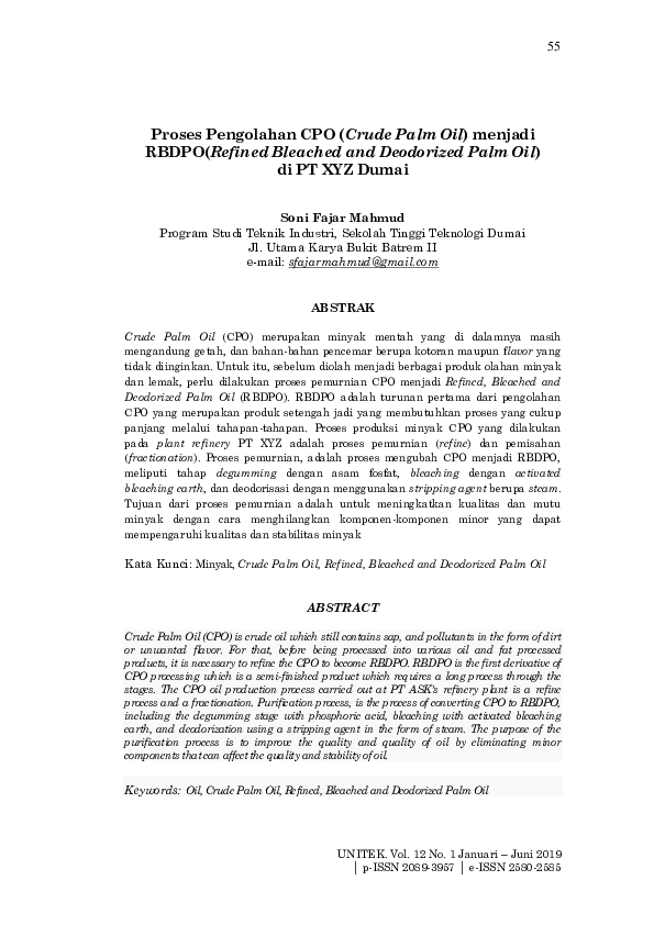 (PDF) Proses Pengolahan CPO (Crude Palm Oil) menjadi RBDPO(Refined ...