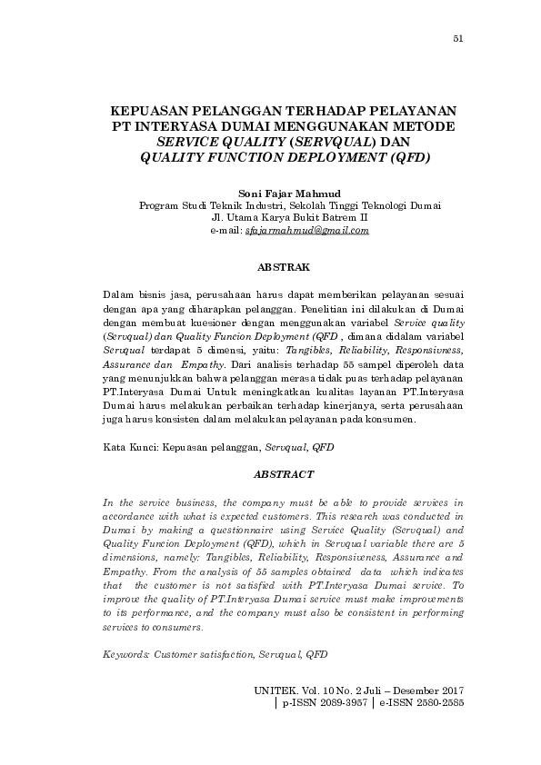 (PDF) Kepuasan Pelanggan Terhadap Pelayanan PT Interyasa Dumai Menggunakan Metode Service ...