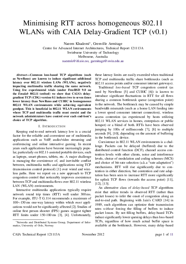 (PDF) Minimising RTT across homogeneous 802.11 WLANs with CAIA Delay-Gradient TCP (v0. 1)