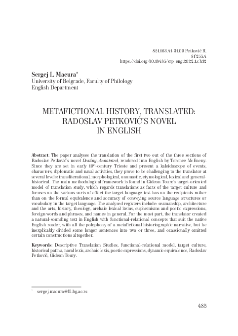 (PDF) METAFICTIONAL HISTORY, TRANSLATED: RADOSLAV PETKOVIĆ'S NOVEL IN ...