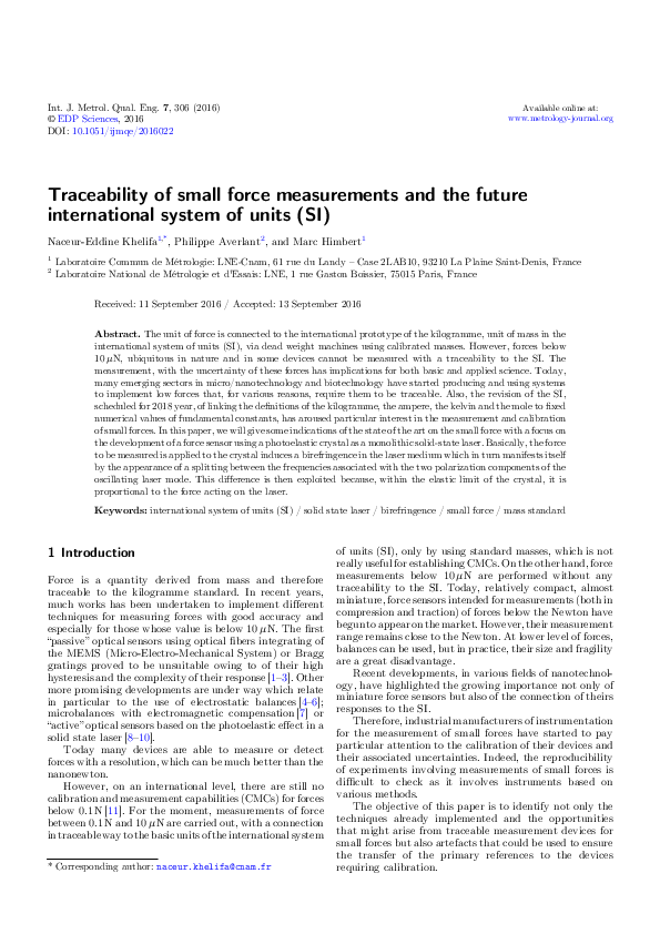 (PDF) Traceability of small force measurements and the future ...