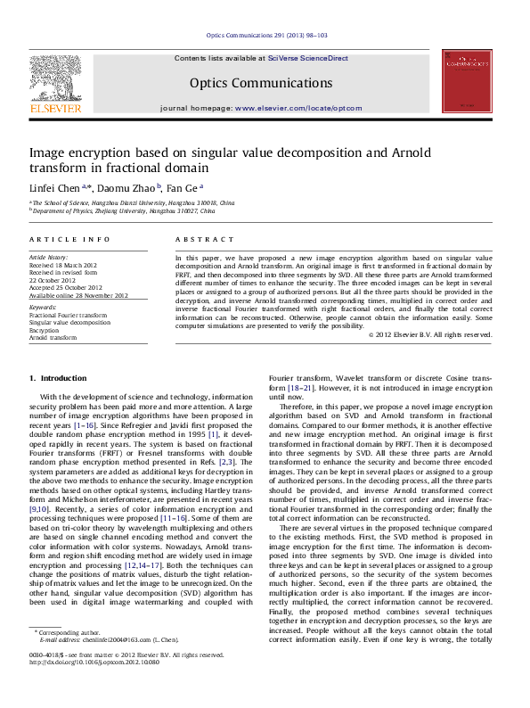 Pdf Image Encryption Based On Singular Value Decomposition And Arnold Transform In Fractional