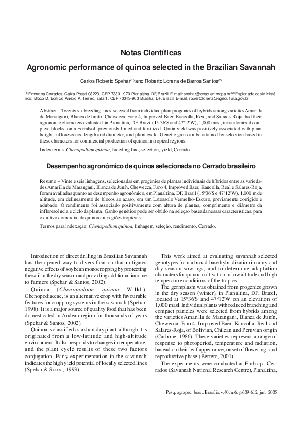(PDF) Agronomic performance of quinoa selected in the Brazilian Savannah