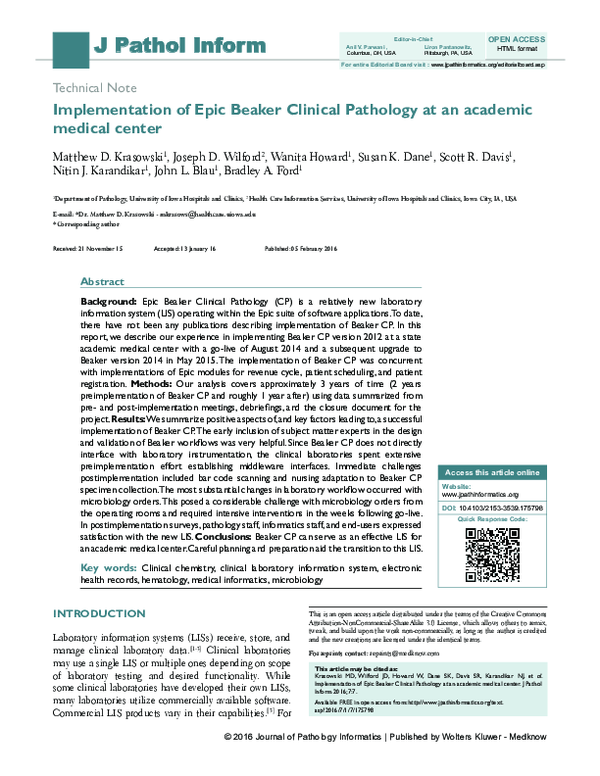 (PDF) Implementation of Epic Beaker Clinical Pathology at an academic ...