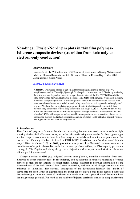 (PDF) Non-linear Fowler-Nordheim plots in thin film polymer- fullerene ...