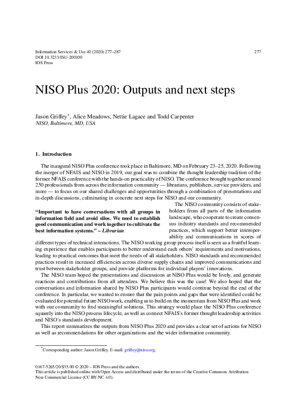 (PDF) NISO Plus 2020: Outputs and next steps