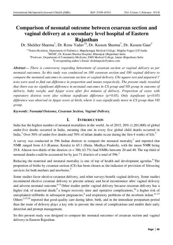 (PDF) Comparison of neonatal outcome between cesarean section and ...