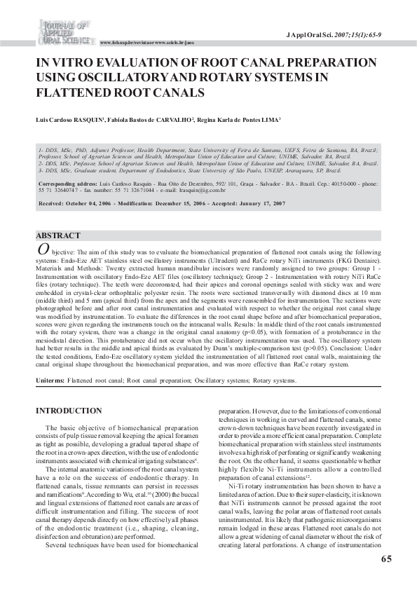 (PDF) In vitro evaluation of root canal preparation using oscillatory ...