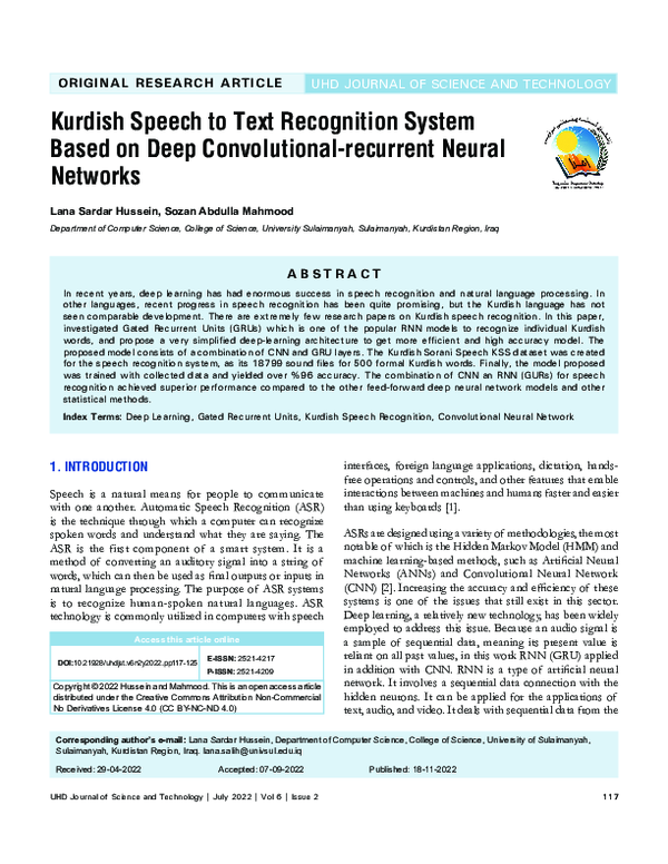 Pdf Kurdish Speech To Text Recognition System Based On Deep Convolutional Recurrent Neural