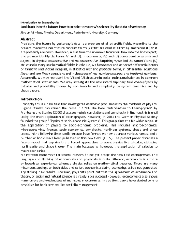 (PDF) Introduction to Econophysics Look back into the future: How to ...