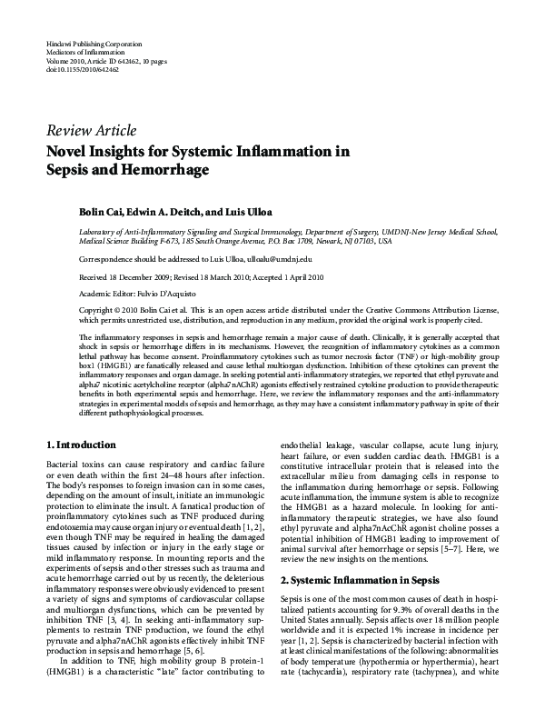 Pdf Novel Insights For Systemic Inflammation In Sepsis And Hemorrhage