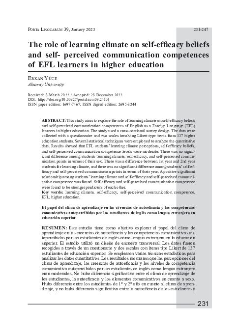 (PDF) The role of learning climate on self-efficacy beliefs and self ...