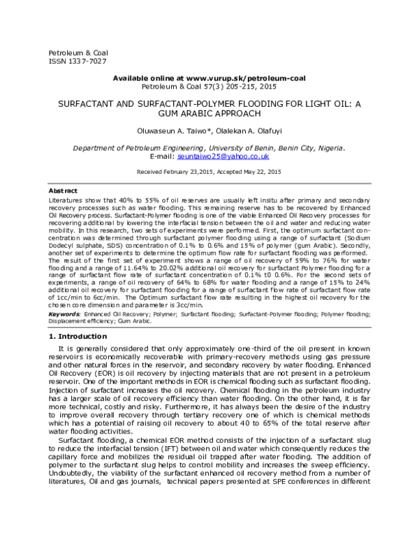 (PDF) Surfactant and Surfactant-Polymer Flooding for Enhanced Oil Recovery