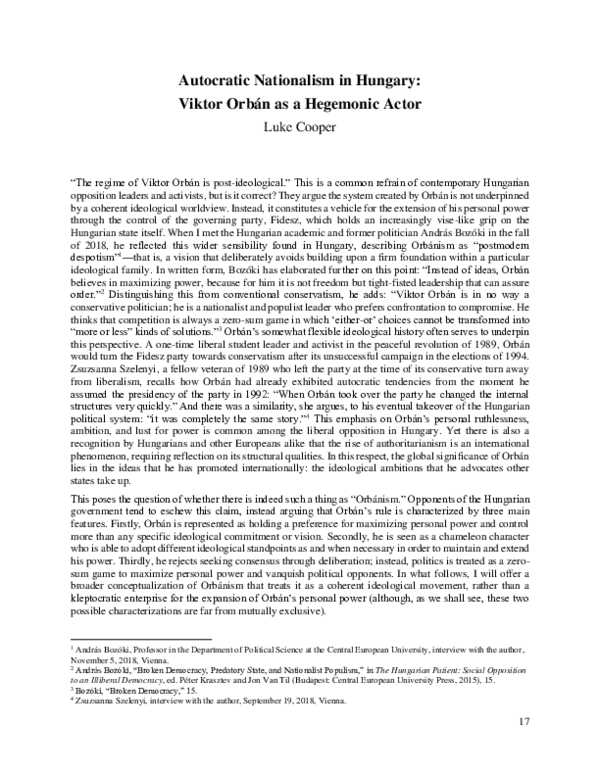 (PDF) Autocratic nationalism in Hungary: Viktor Orbán as a Hegemonic Actor'