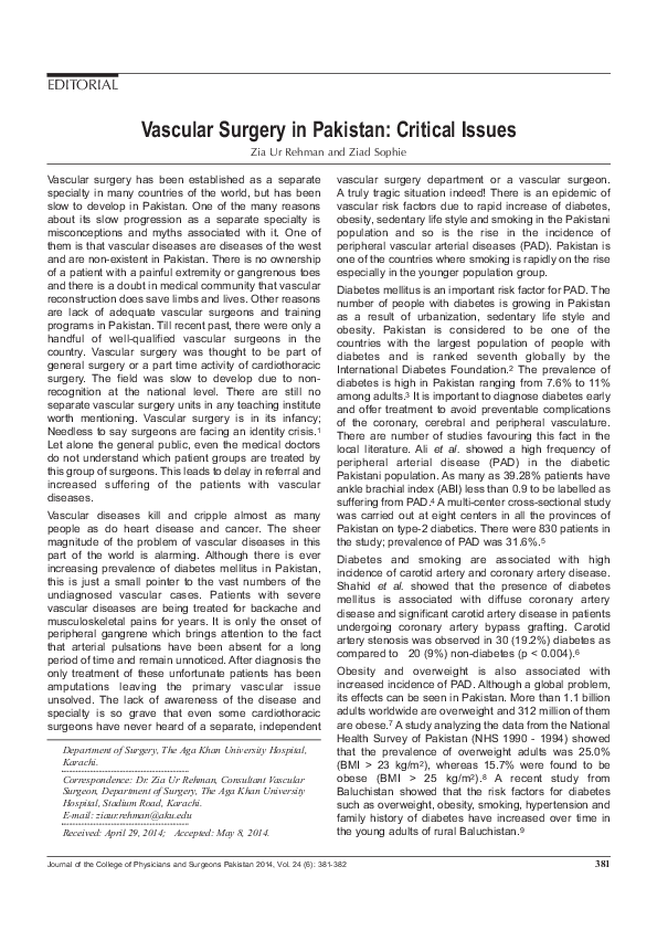 (PDF) Vascular surgery in pakistan: critical issues