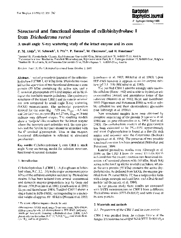 (PDF) Structural and functional domains of cellobiohydrolase I from trichoderma reesei