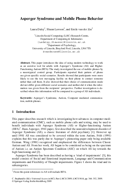 (PDF) Asperger Syndrome and Mobile Phone Behavior