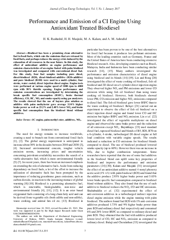 (PDF) Performance and Emission of a CI Engine Using Antioxidant Treated Biodiesel | Md. Abul ...