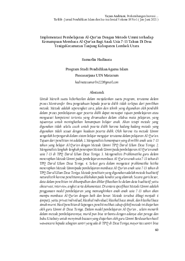 (PDF) Implementasi Pembelajaran Al-Qur’an Dengan Metode Ummi terhadap Kemampuan Membaca Al-Qur ...
