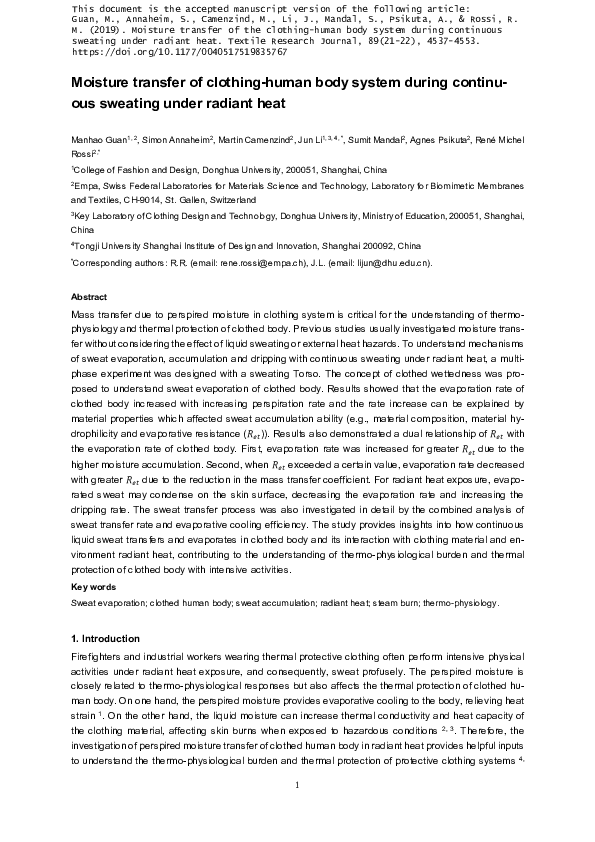(PDF) Moisture transfer of the clothing–human body system during ...