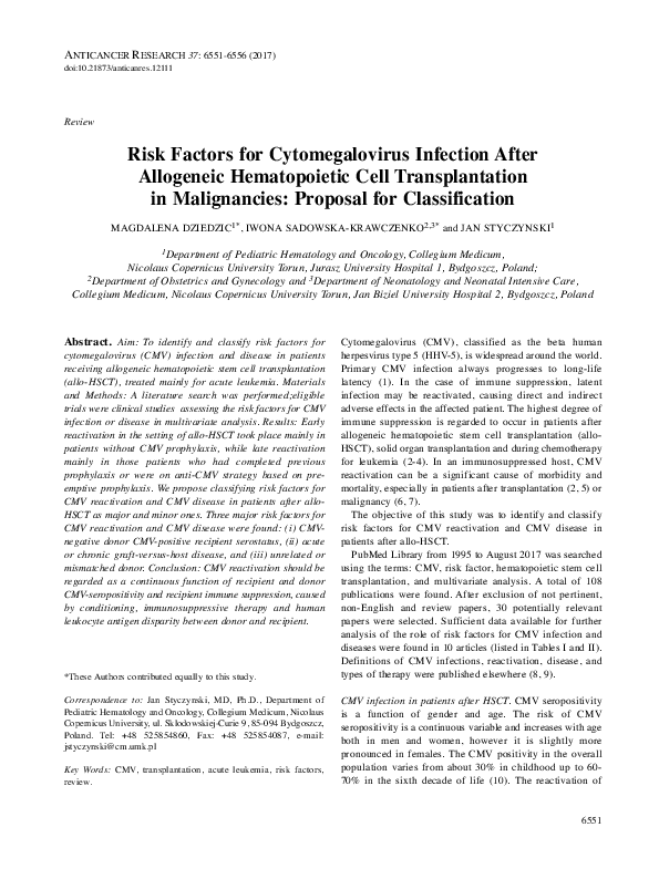 (PDF) Risk Factors for Cytomegalovirus Infection After Allogeneic Hematopoietic Cell ...