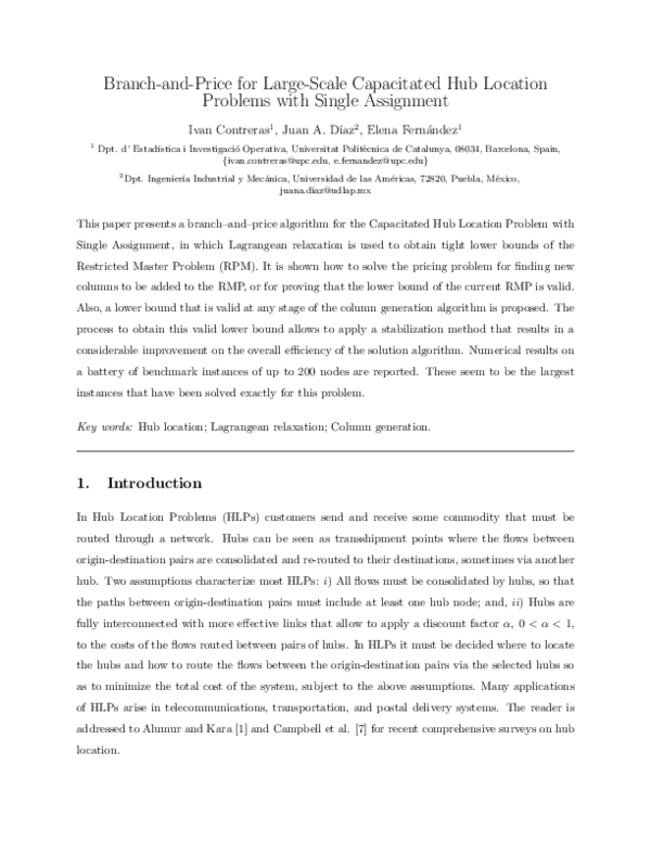 Pdf Branch And Price For Large Scale Capacitated Hub Location