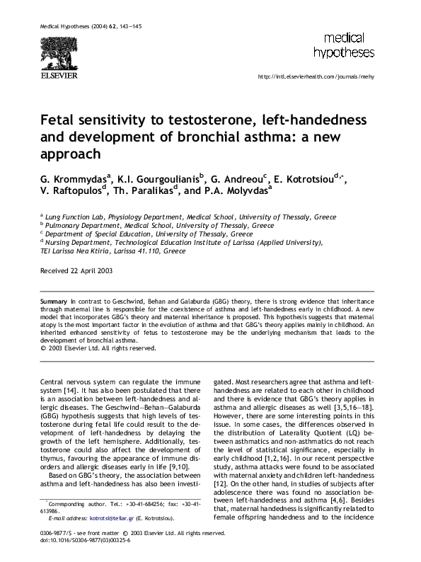 (PDF) Fetal sensitivity to testosterone, left-handedness and ...