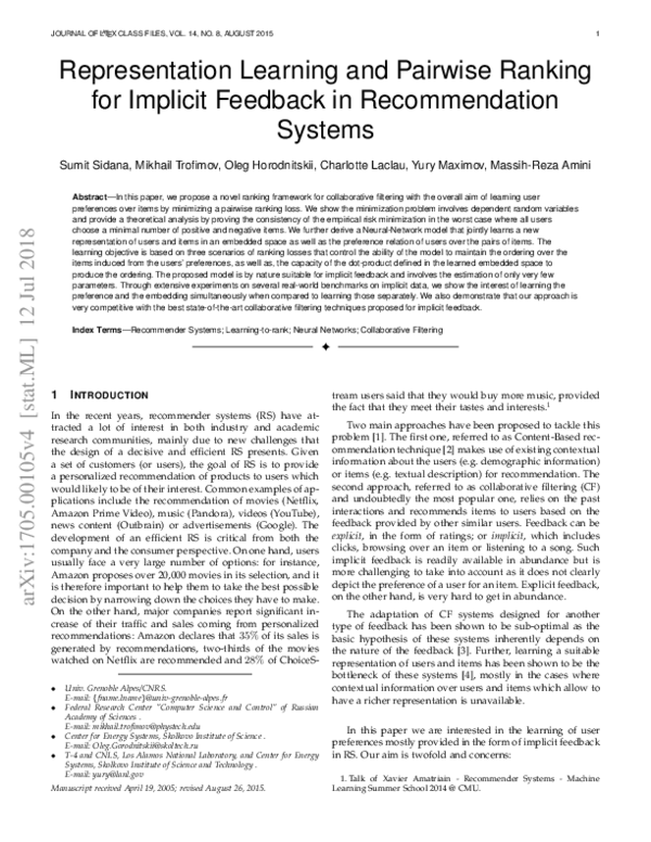 Pdf User Preference And Embedding Learning With Implicit Feedback For Recommender Systems