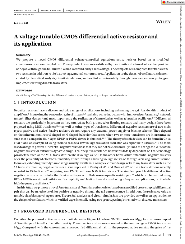 (PDF) A voltage tunable CMOS differential active resistor and its ...