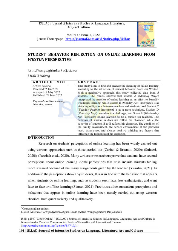 (PDF) Student Behavior Reflection on Online Learning in Weton Perspective