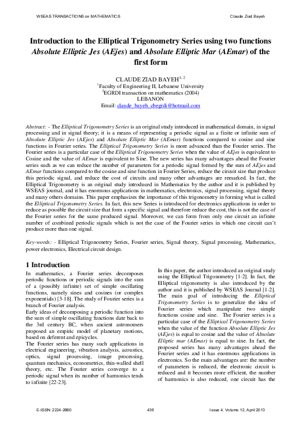 (PDF) Introduction to the Elliptical Trigonometry Series using two ...