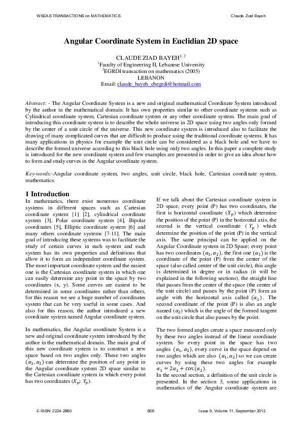 Pdf Angular Coordinate System For 2d Curves In Euclidean Space 