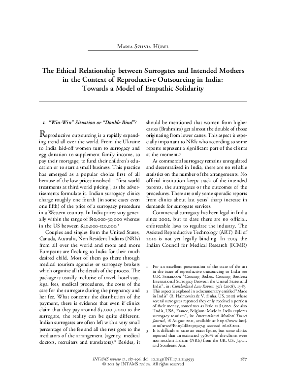 (PDF) The Ethical Relationship between Surrogates and Intended Mothers ...