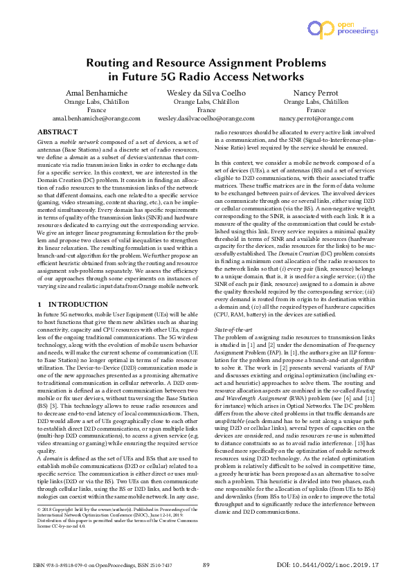 (PDF) Routing and Resource Assignment Problems in Future 5G Radio Access Networks