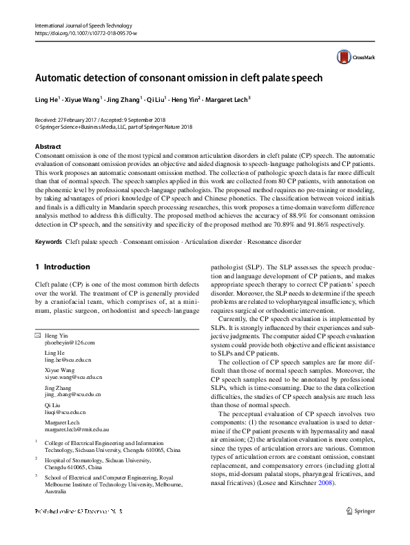 (PDF) Automatic detection of consonant omission in cleft palate speech