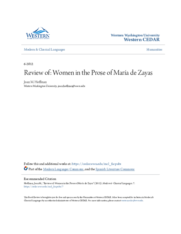 (PDF) Review of: Women in the Prose of María de Zayas