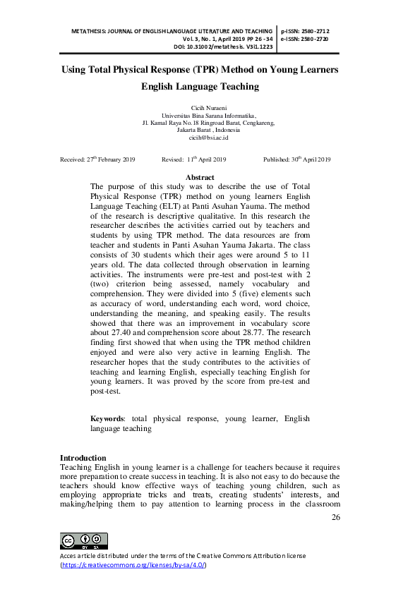 (PDF) Using Total Physical Response (TPR) Method on Young Learners English Language Teaching