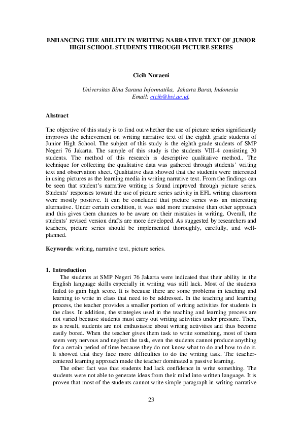 (PDF) Enhancing the Ability in Writing Narrative Text of Junior High School Students Through ...