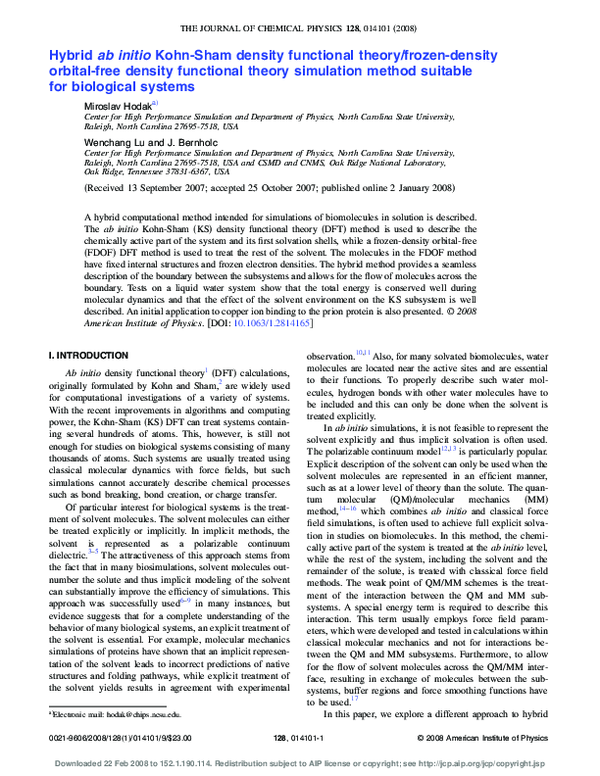 Pdf Hybridab Initiokohn Sham Density Functional Theory Frozen Density Orbital Free Density