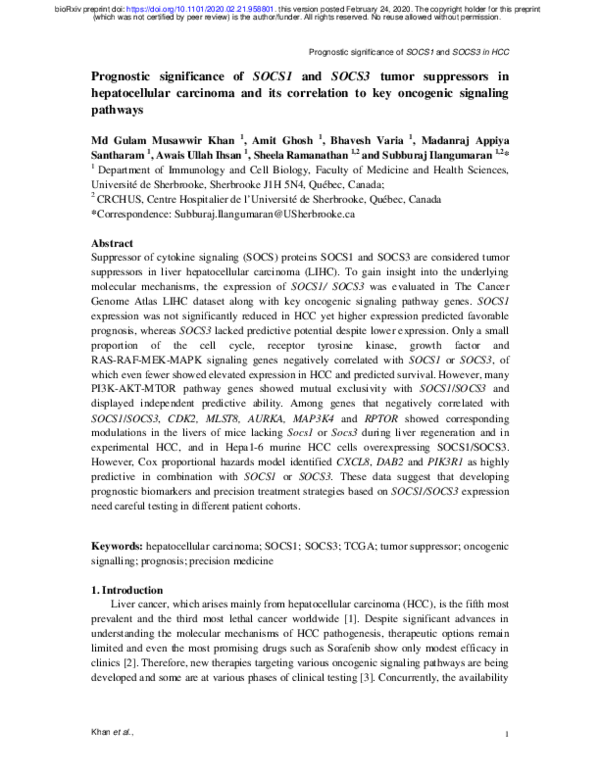 (PDF) Prognostic significance of SOCS1 and SOCS3 tumor suppressors in hepatocellular carcinoma ...