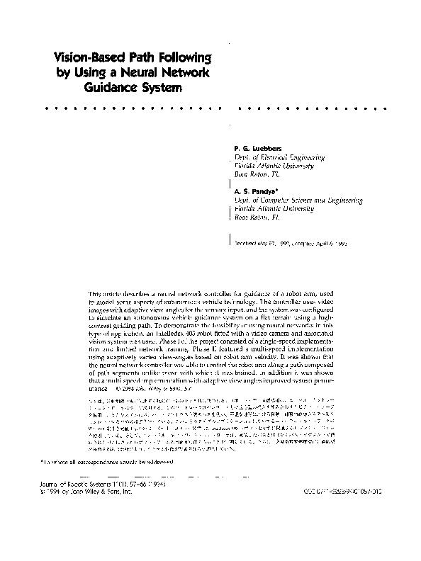 Pdf Vision Based Path Following By Using A Neural Network Guidance System