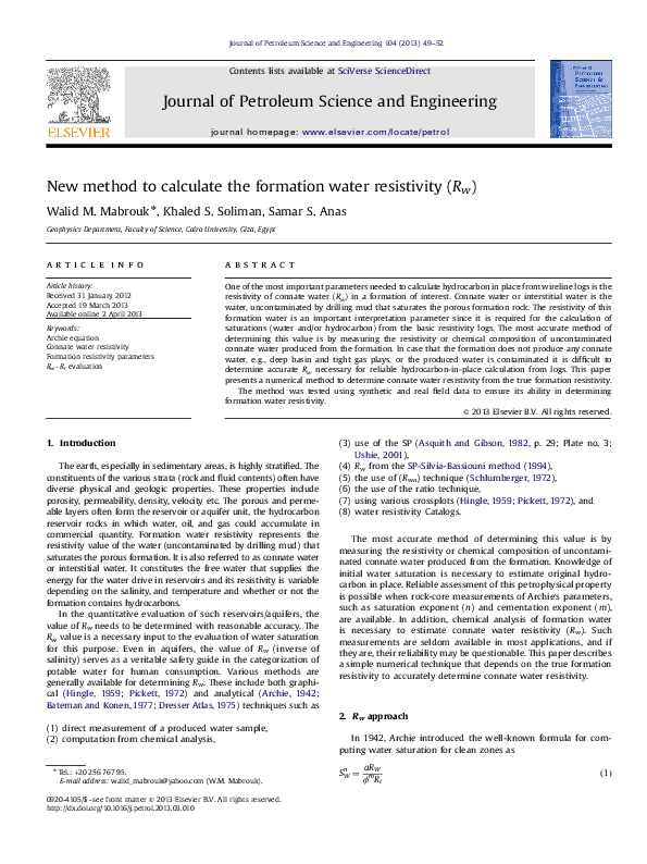(PDF) New method to calculate the formation water resistivity (Rw)