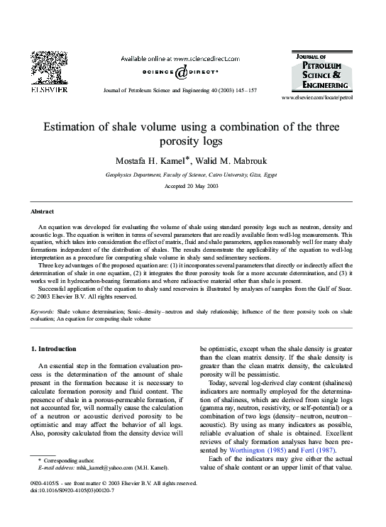 (PDF) Estimation of shale volume using a combination of the three porosity logs