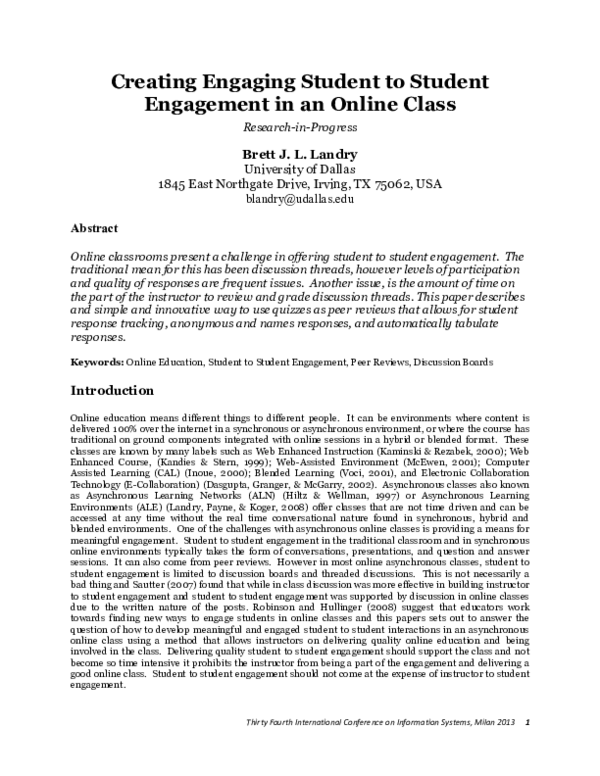 (PDF) Creating engaging student to student engagement in an online class