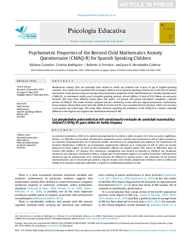 (PDF) Psychometric Properties of the Revised Child Mathematics Anxiety ...