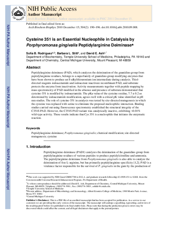 (PDF) Cysteine 351 is an essential nucleophile in catalysis by ...