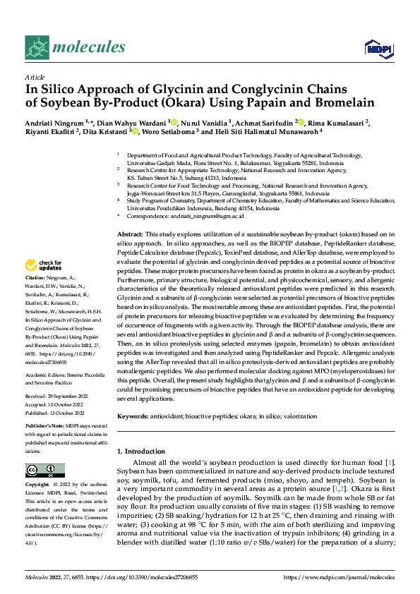 (PDF) In Silico Approach of Glycinin and Conglycinin Chains of Soybean By-Product (Okara) Using ...