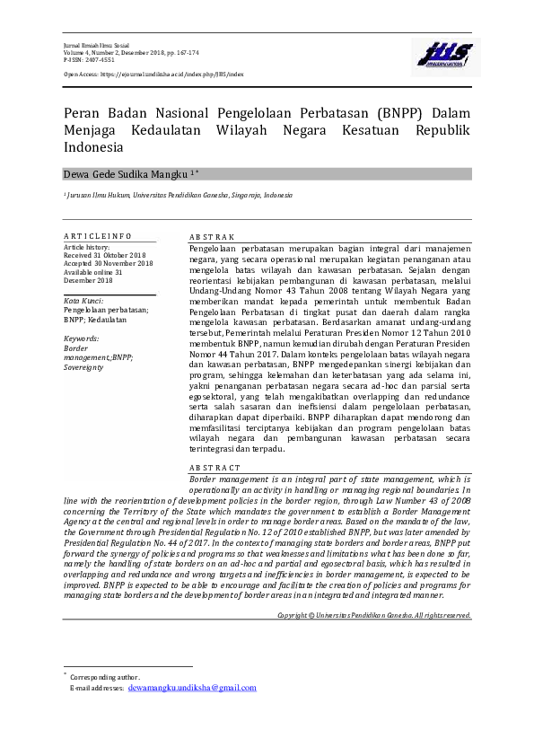 (PDF) Peran Badan Nasional Pengelolaan Perbatasan (BNPP) Dalam Menjaga Kedaulatan Wilayah Negara ...
