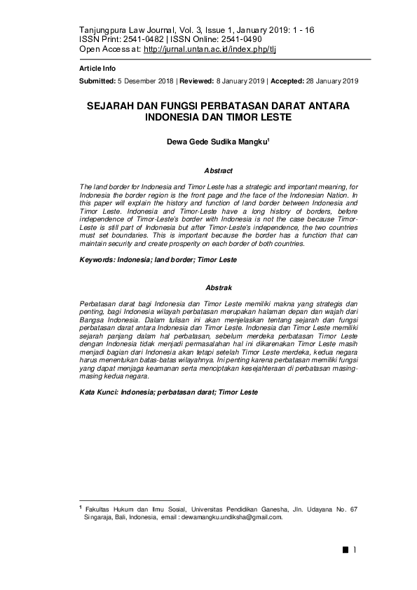 (PDF) Sejarah Dan Fungsi Perbatasan Darat Antara Indonesia Dan Timor Leste