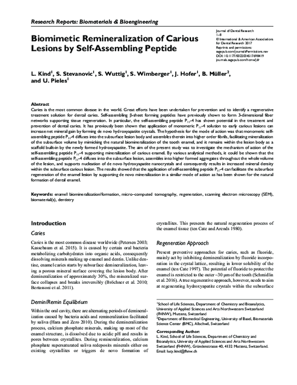 Pdf Biomimetic Remineralization Of Carious Lesions By Self Assembling Peptide